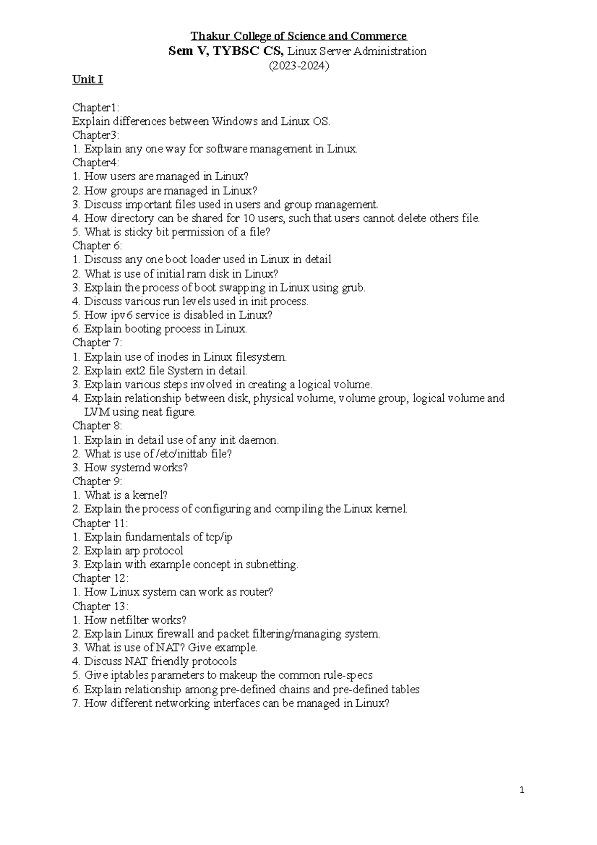 Question Bank-1 - Thakur College of Science and Commerce Sem V, TYBSC ...