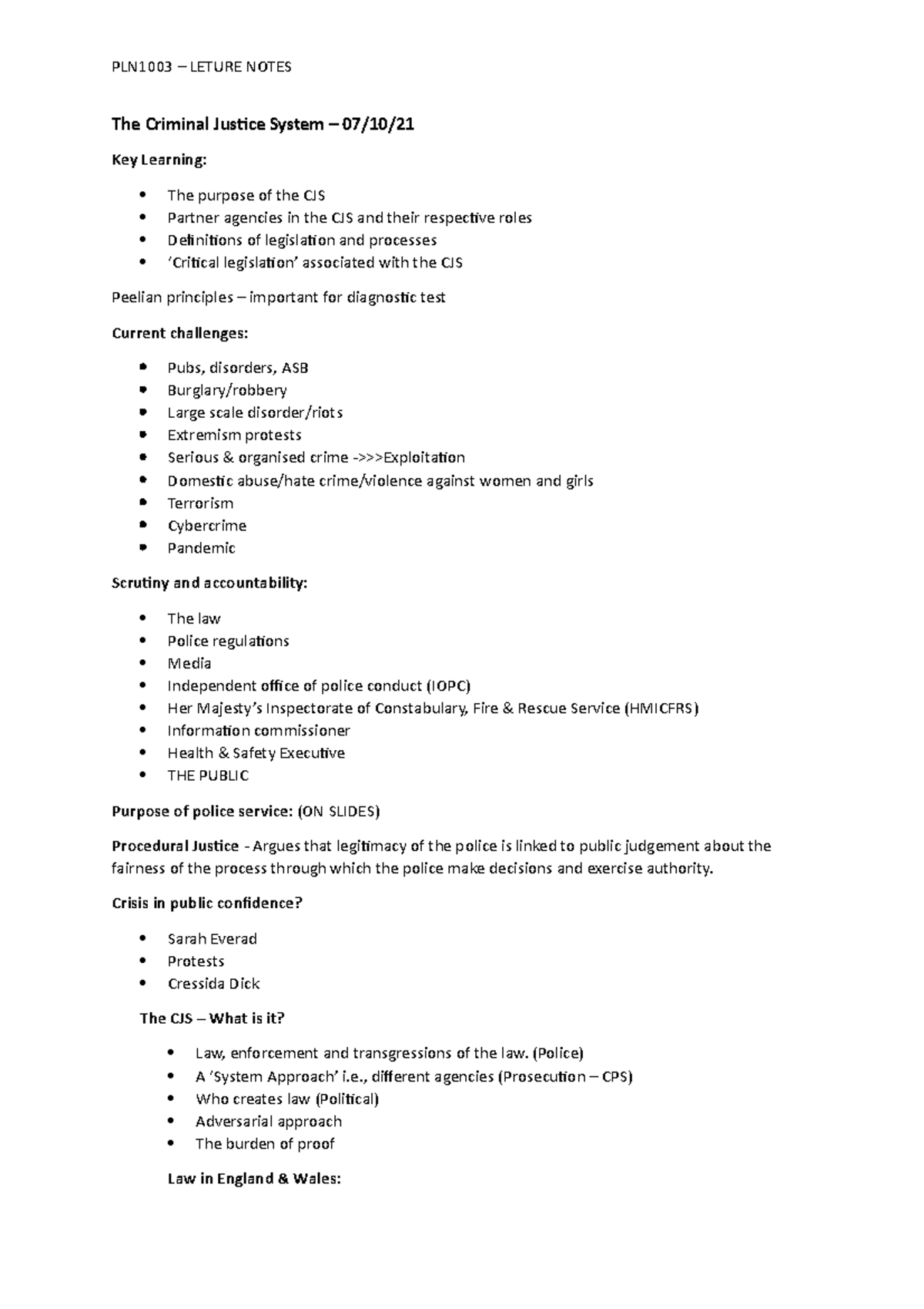 PLN1003 Notes - WEEK 1 - The Criminal Justice System - Darren Martland ...