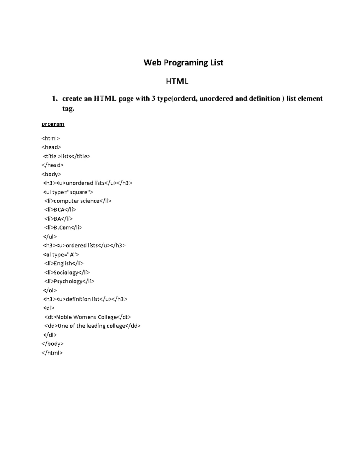 BCA1B01- HTML - This document contains some basic HTML practical questions and their respective ...