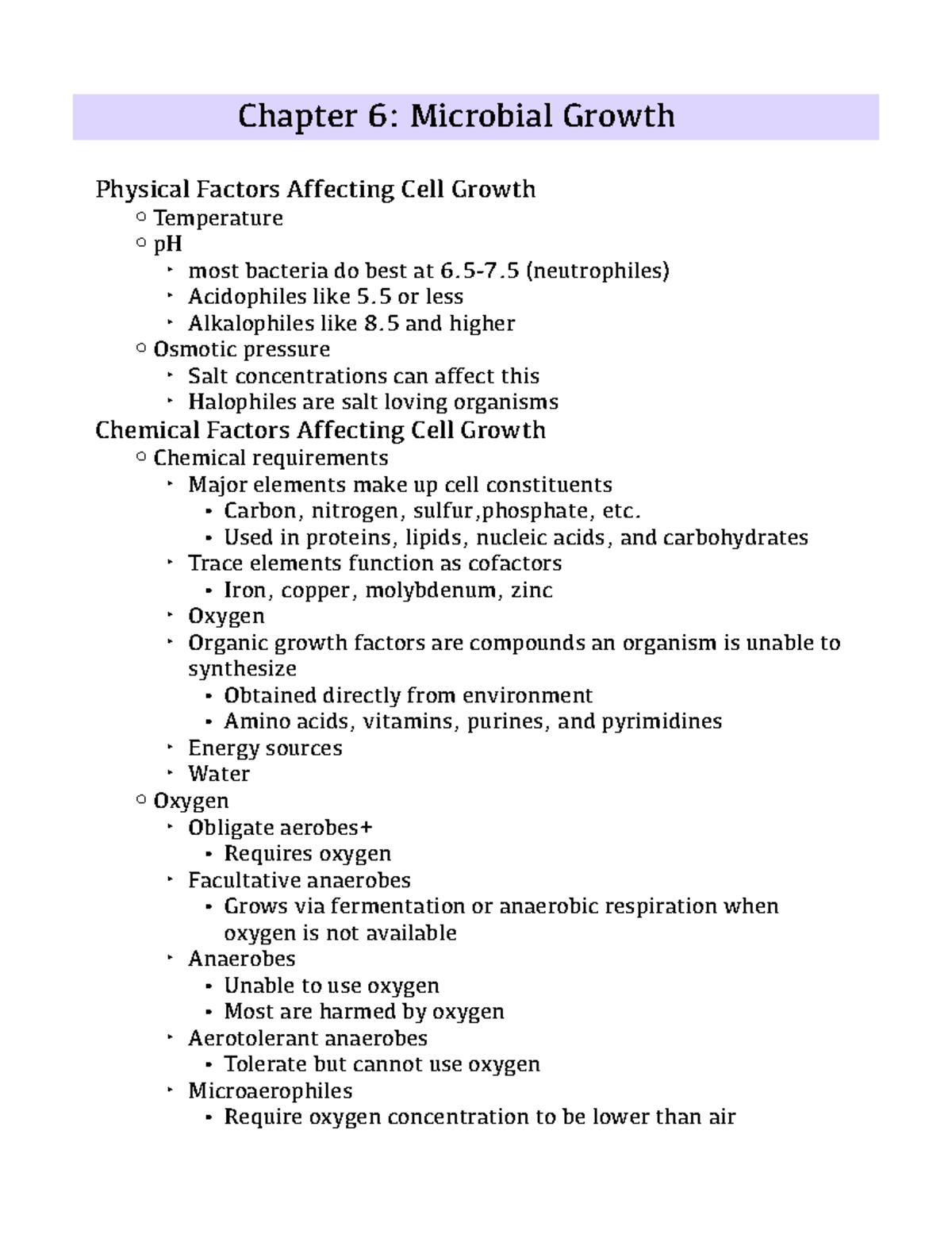 Chapter 6 Notes - Chapter 6: Microbial Growth Physical Factors ...