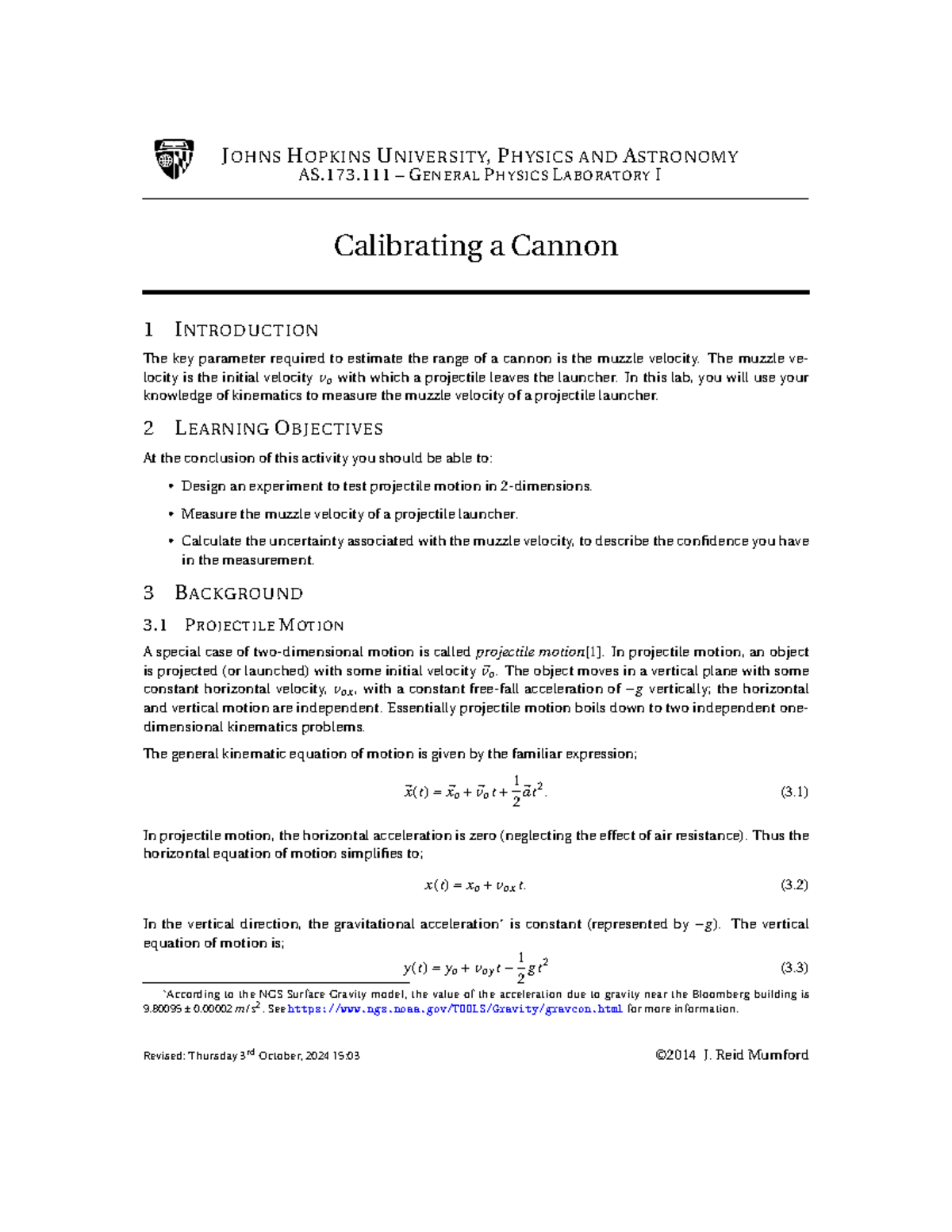 Calibrating A Cannon - JOHNS HOPKINS UNIVERSITY, PHYSICS AND ASTRONOMY ...