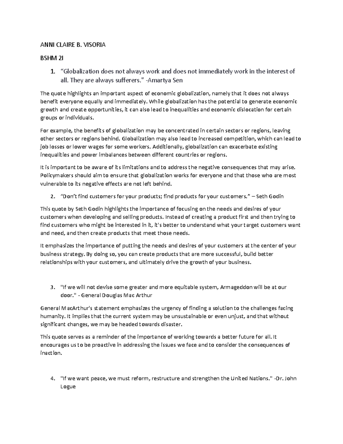 Reflection - essays - ANNI CLAIRE B. VISORIA BSHM 2I 1. “Globalization ...