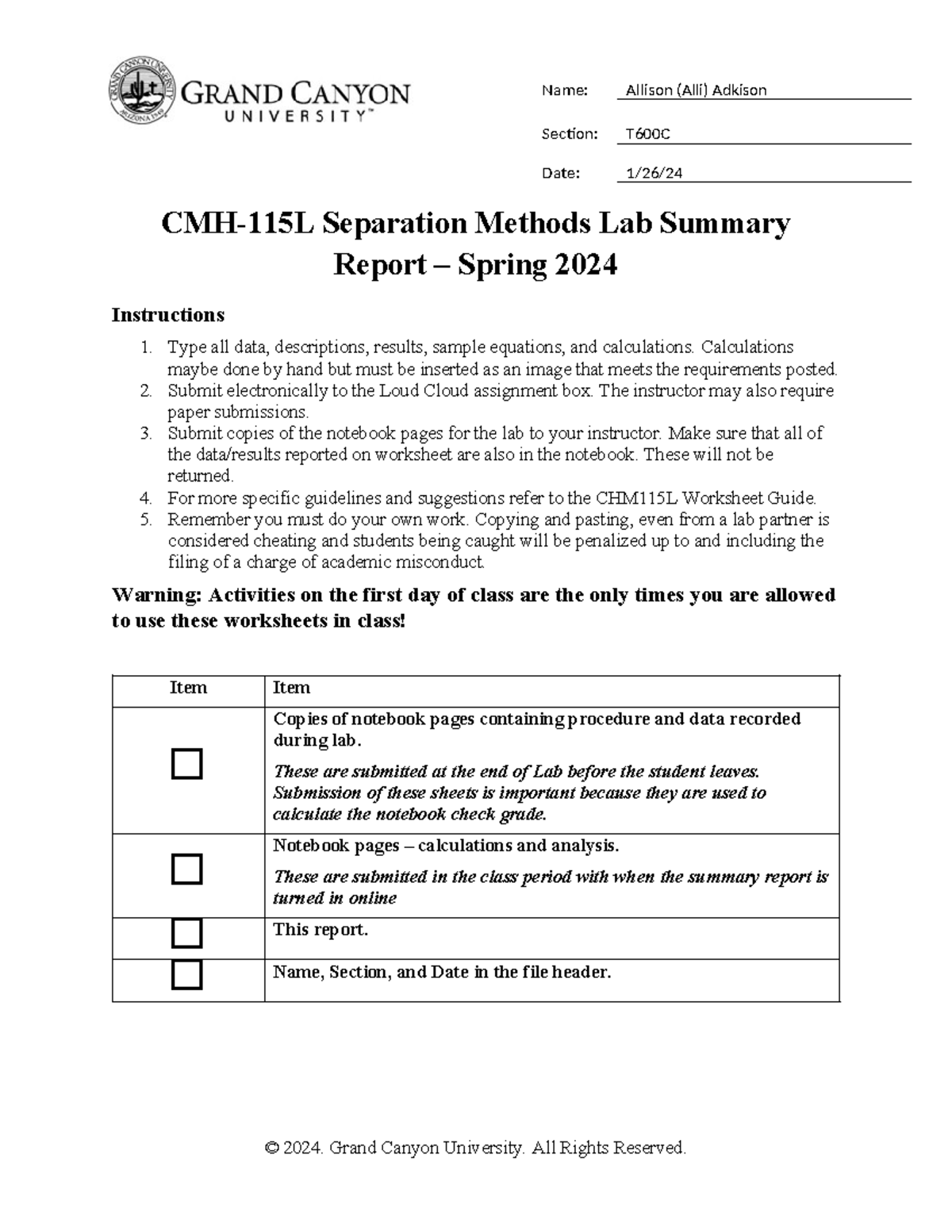 Seperations methods summary report - Section: T600C Date: 1/26/ CMH ...