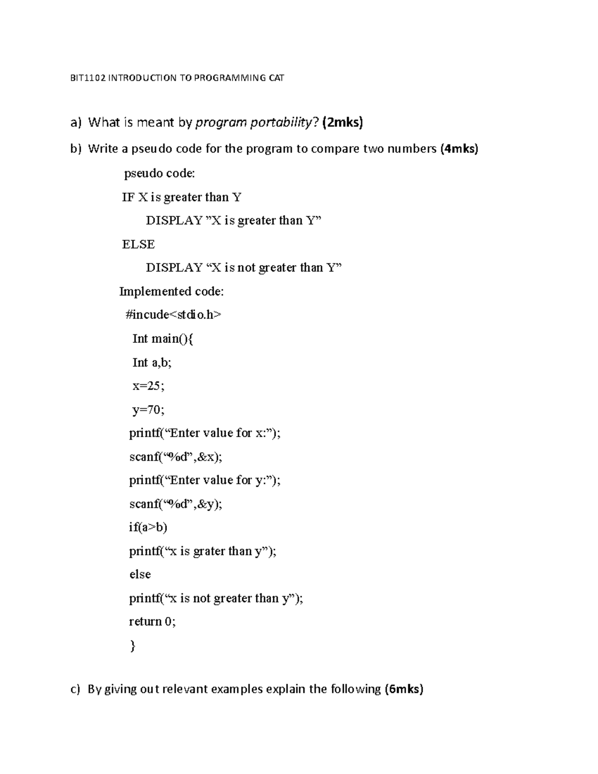 BIT1102 Introduction Toprogramm CAT for beginner level - BIT1102 INTRODUCTION TO PROGRAMMING CAT ...