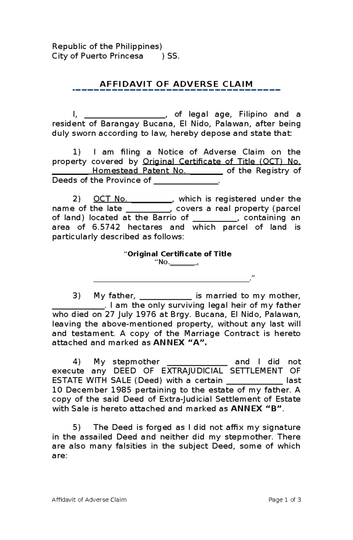 Affidavit of Adverse Claim - Republic of the Philippines) City of ...