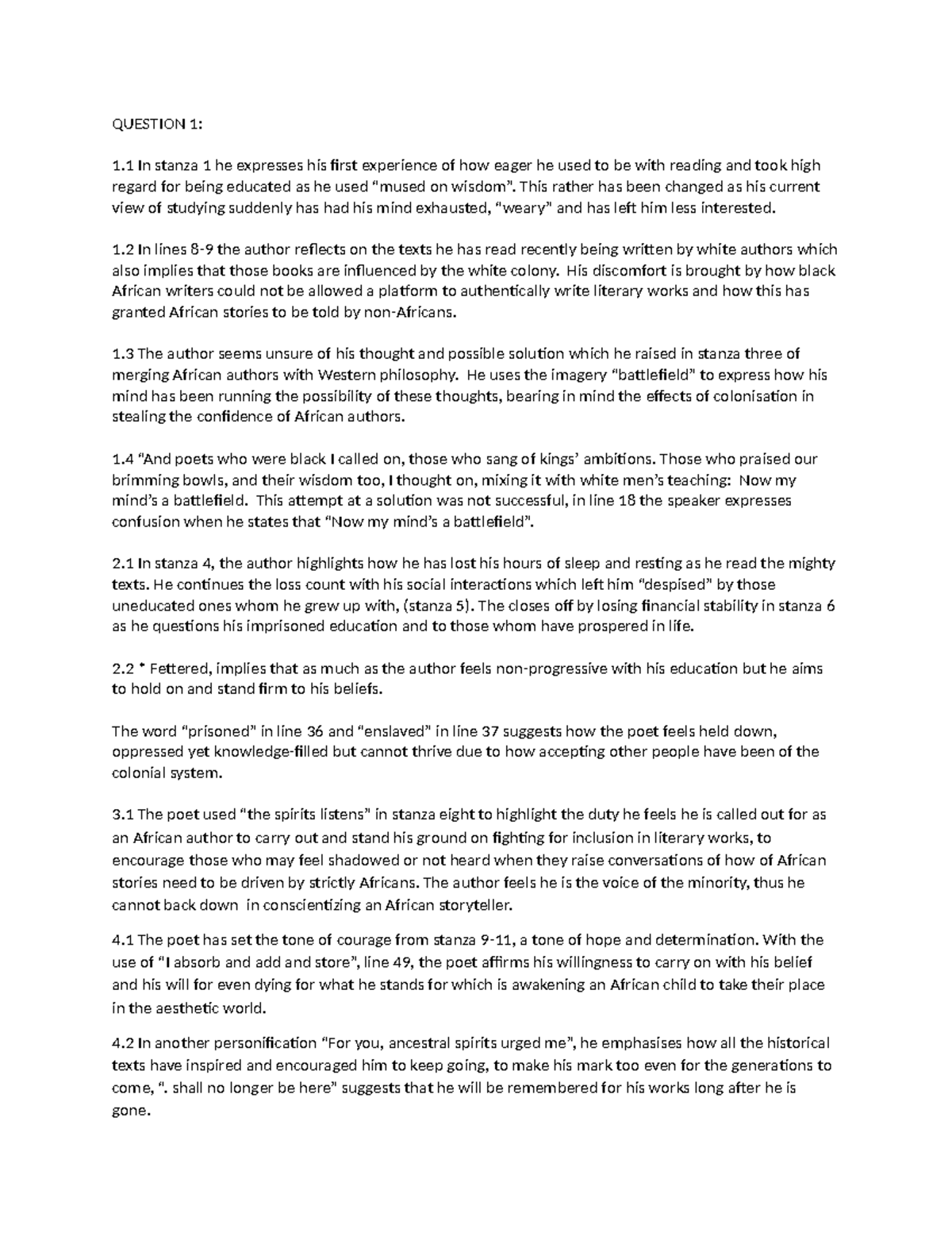 Engl1501 - ASSIGNMENT 2 - QUESTION 1: 1 In stanza 1 he expresses his ...