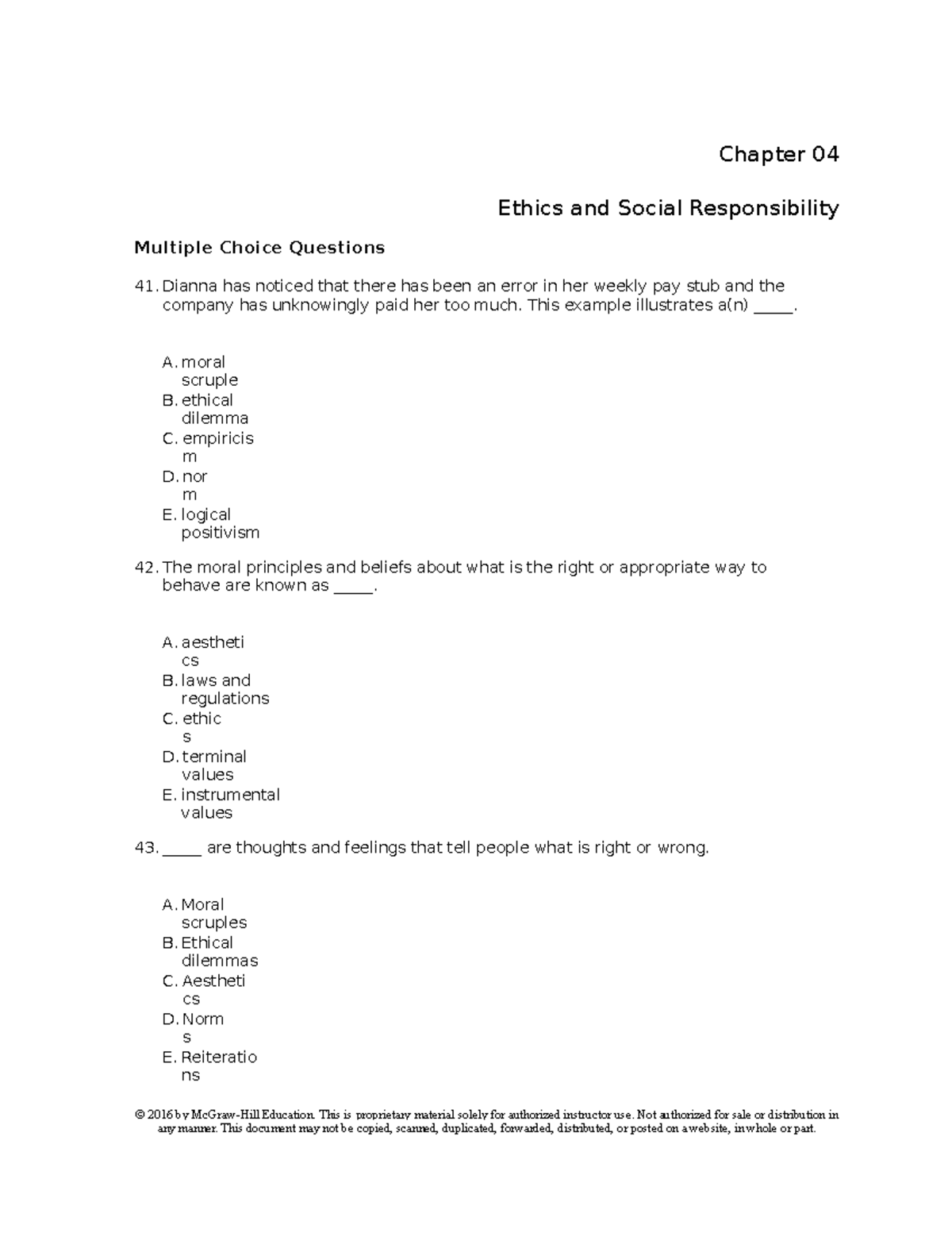 Ch04 - Test bank - Chapter 04 Ethics and Social Responsibility Multiple ...