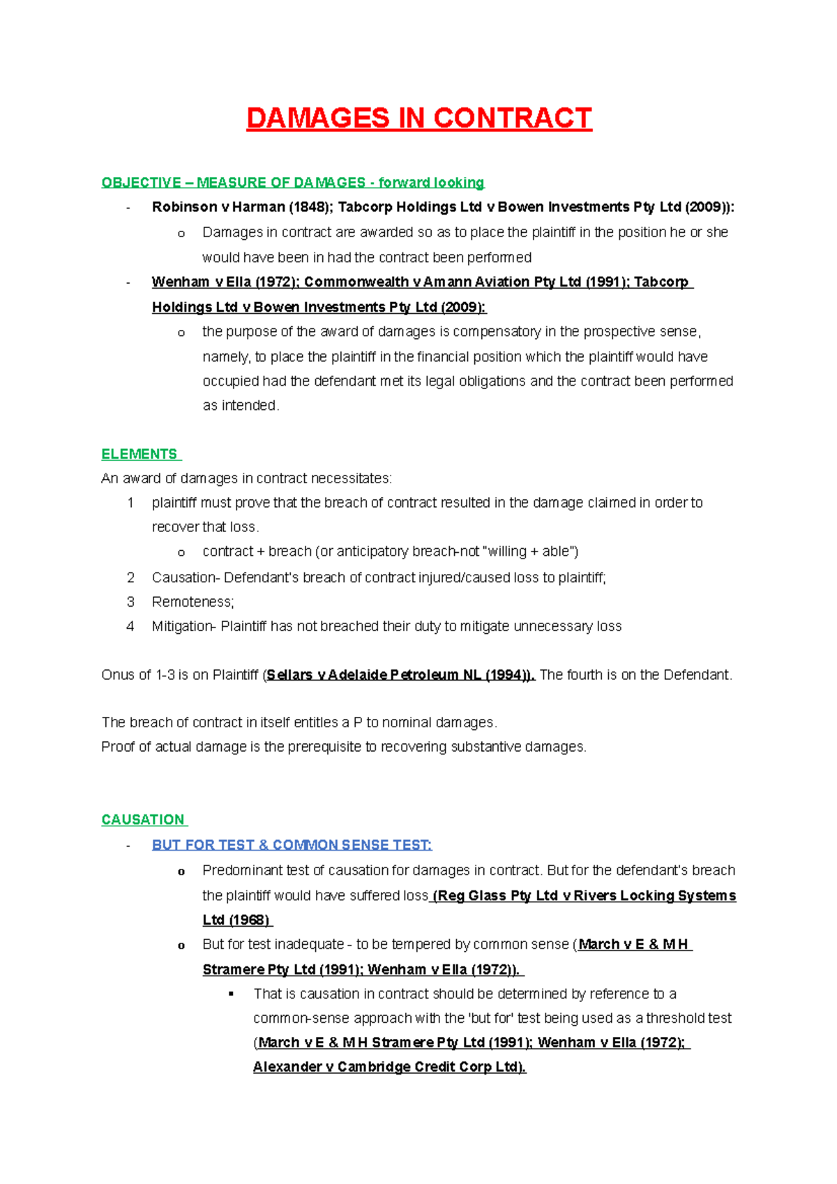 Damages IN Contract - DAMAGES IN CONTRACT OBJECTIVE – MEASURE OF ...