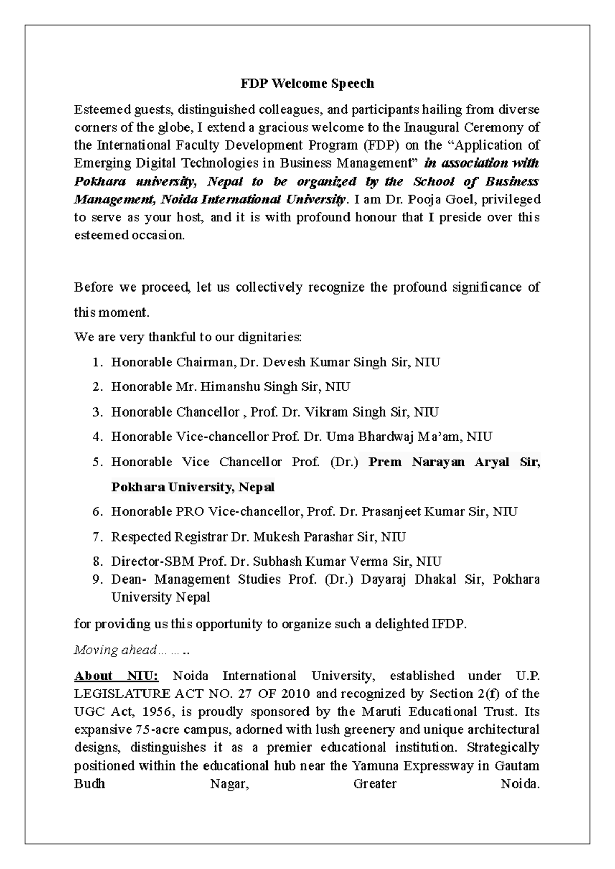 FDP Welcome Speech - Work to do - FDP Welcome Speech Esteemed guests ...