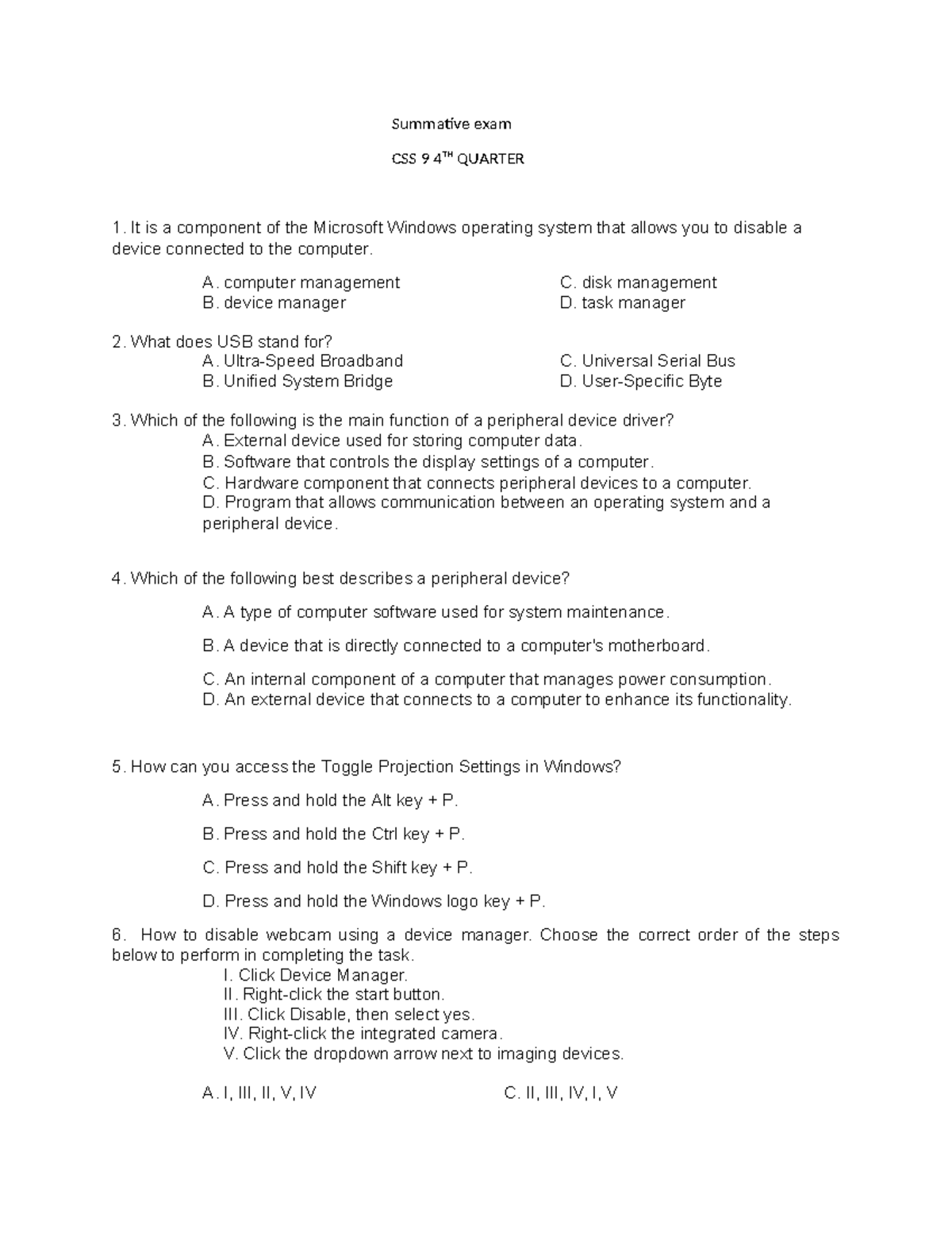Summative-exam-Q4 - EXAM - Summative exam CSS 9 4TH QUARTER It is a component of the Microsoft ...