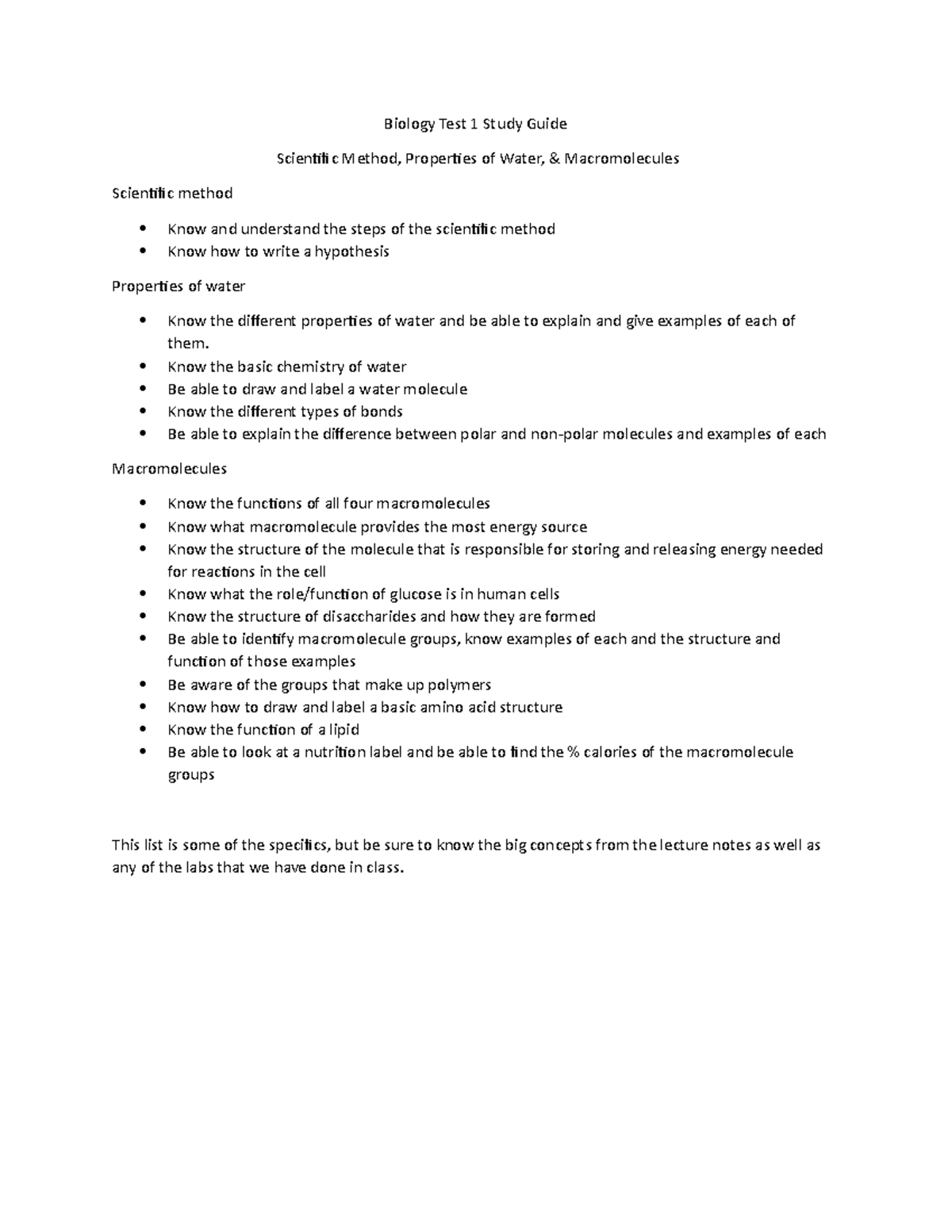 Biology Test 1 Study Guide-1 - Biology Test 1 Study Guide Scientific ...