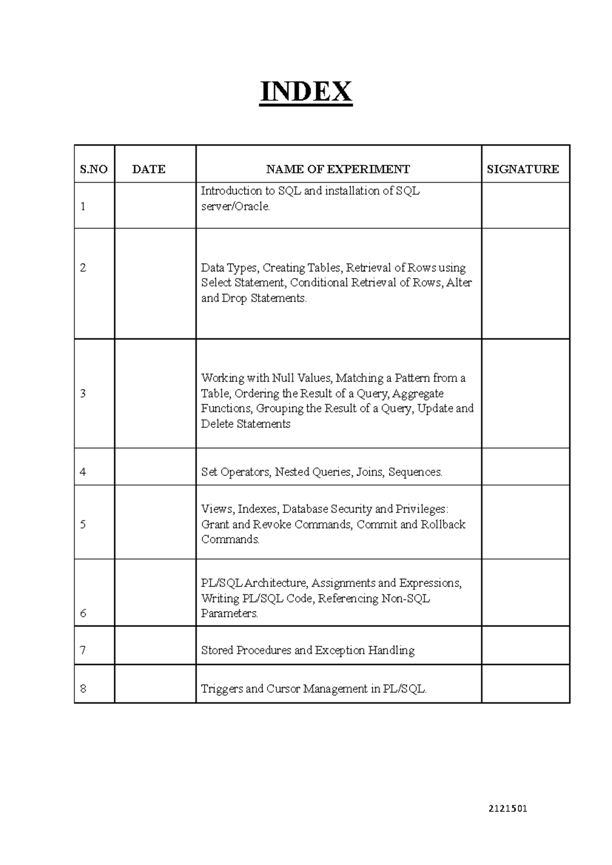 DBMS FILE (2121501) - dbms file - INDEX S DATE NAME OF EXPERIMENT SIGNATURE 1 Introduction to ...