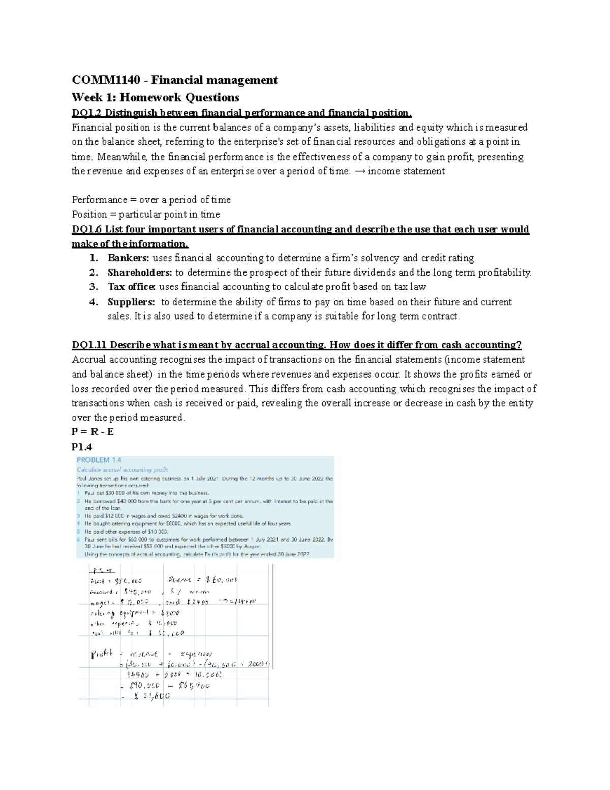 Week 1 homework questions - COMM1140 - Financial management Week 1: Homework Questions DQ1 - Studocu