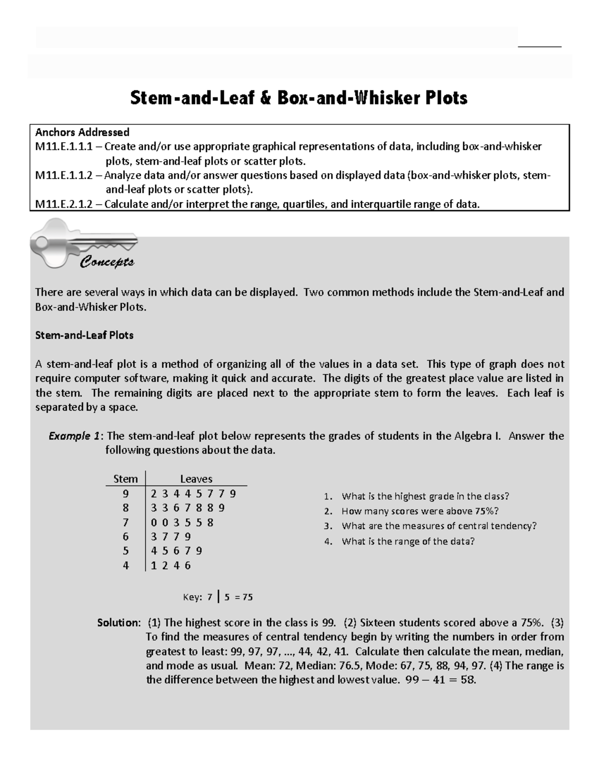 C Stem & Leaf and Box & Whisker Plots - Name: - Studocu