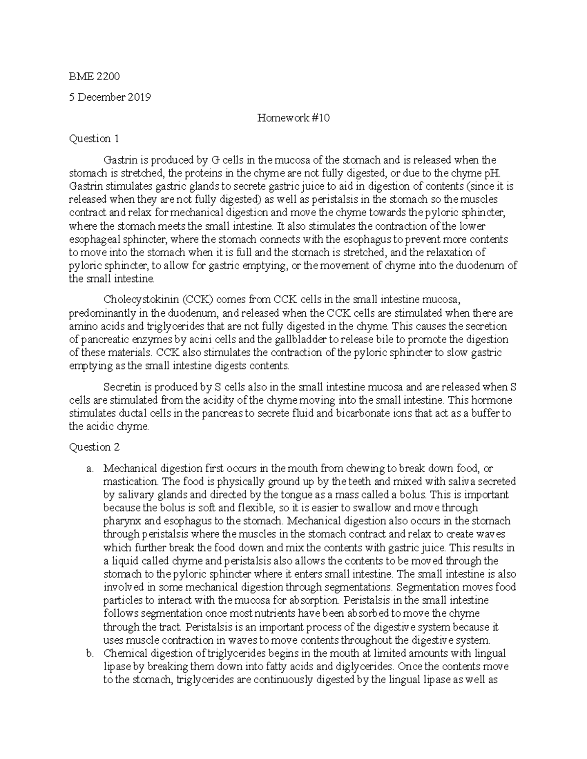 Homework #10 - BME 2200 5 December 2019 Homework # Question 1 Gastrin is produced by G cells in ...