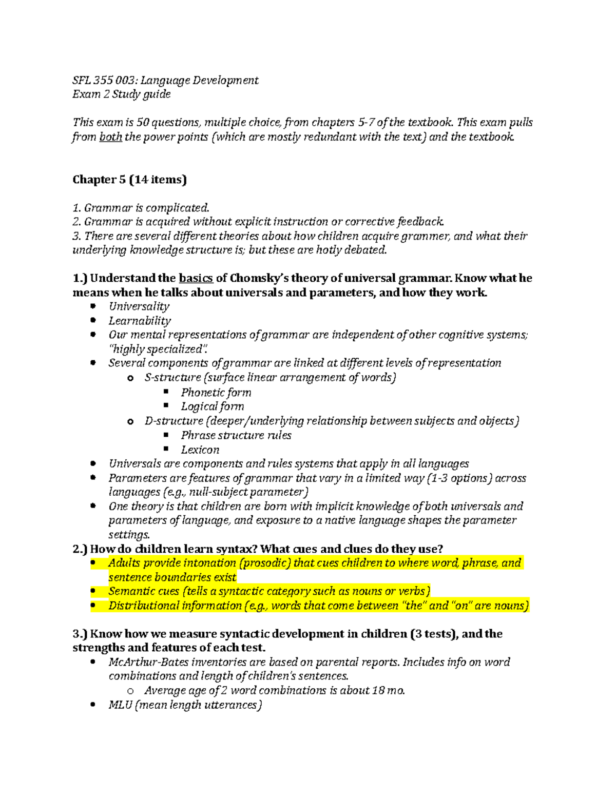 Language exam 2 Study guide - SFL 355 003: Language Development Exam 2 ...