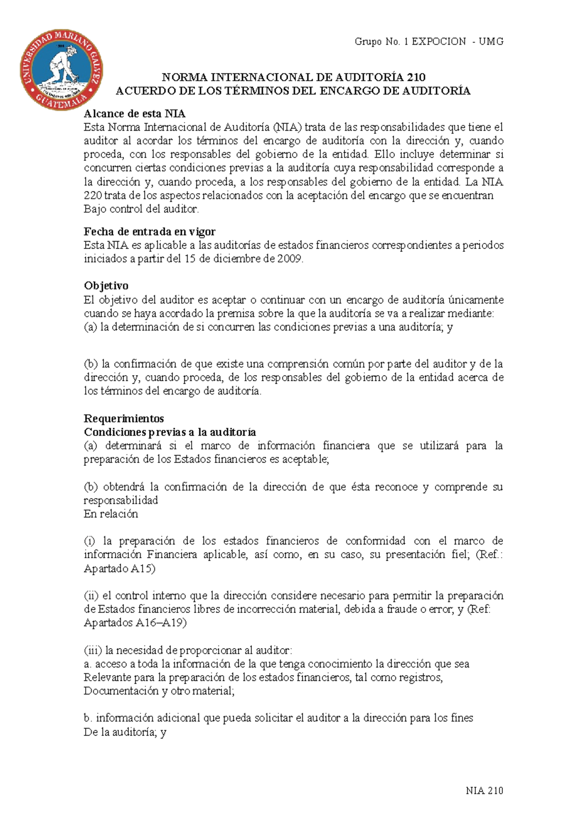 NIA 210 - Curso de Nia 1 - Grupo No. 1 EXPOCION - UMG NORMA ...