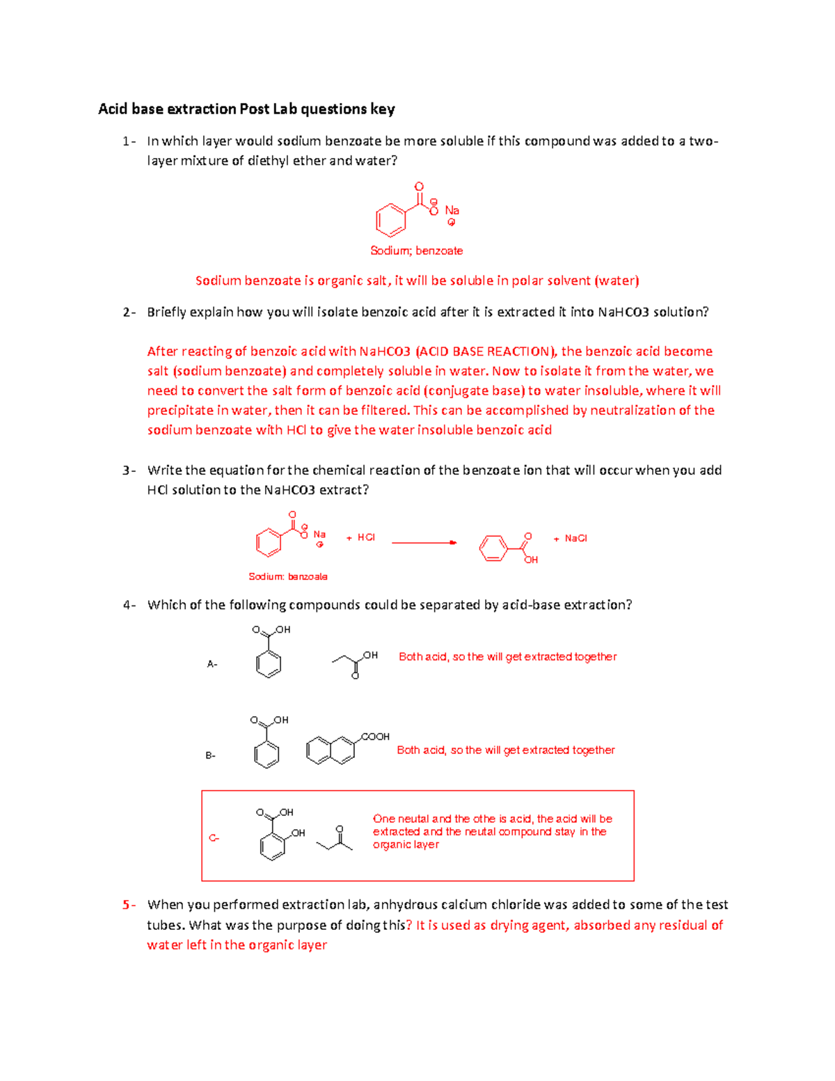 Acid base extraction Post Lab questions key - Now to isolate it from ...