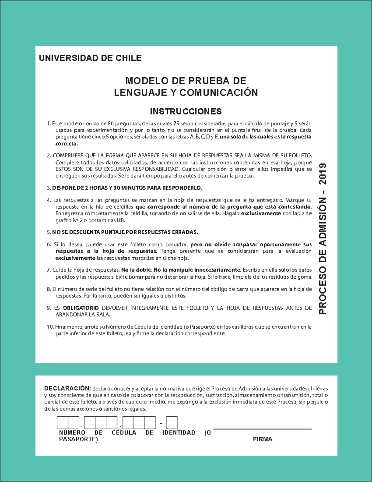 2019 18 07 19 modelo lenguaje - UNIVERSIDAD DE CHILE MODELO DE PRUEBA DE LENGUAJE Y COMUNICACIÓN ...