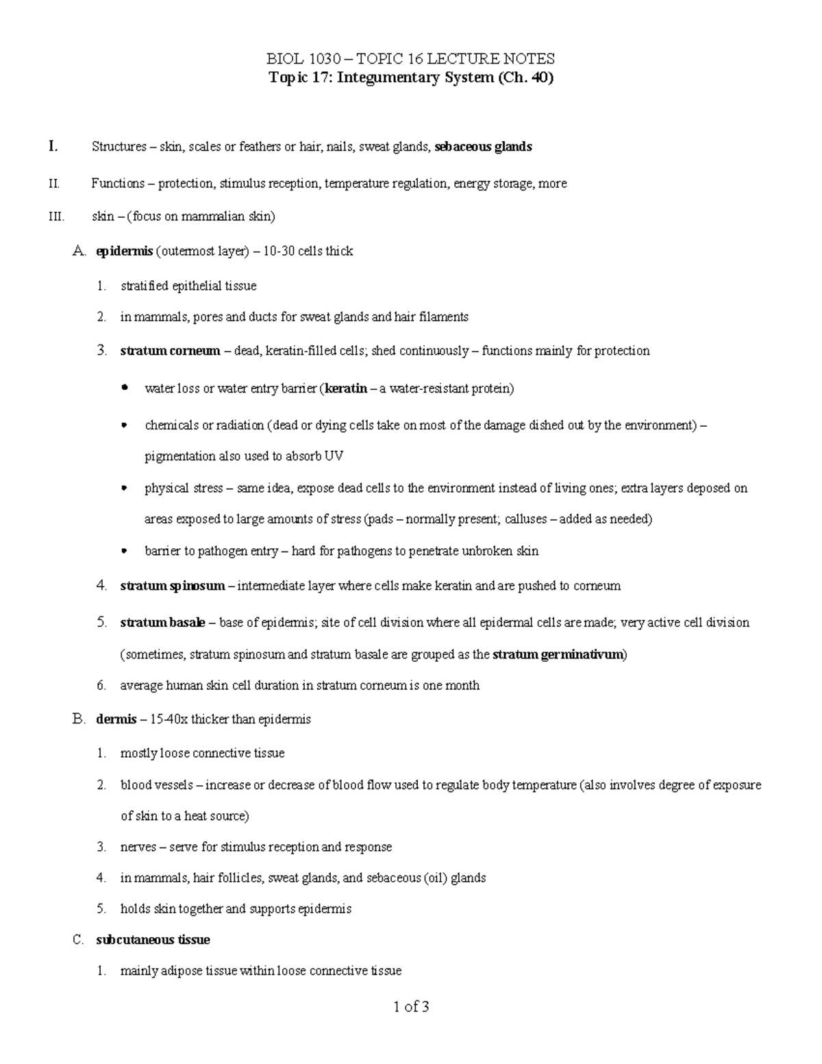 Integu - lecture - BIOL 1030 – TOPIC 16 LECTURE NOTES Topic 17 ...