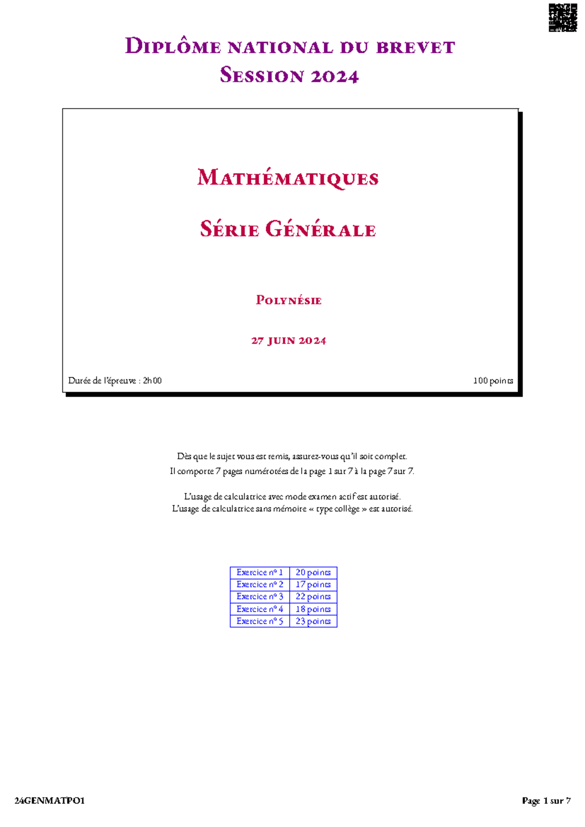 Sujet du DNB 2024 Polynésie sans correction - Diplôme national du brevet Session 2024 ...