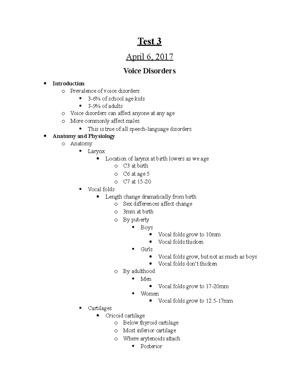 Notes for Test 3 - Voice Disorders - Test 3 April 6, 2017 Voice ...