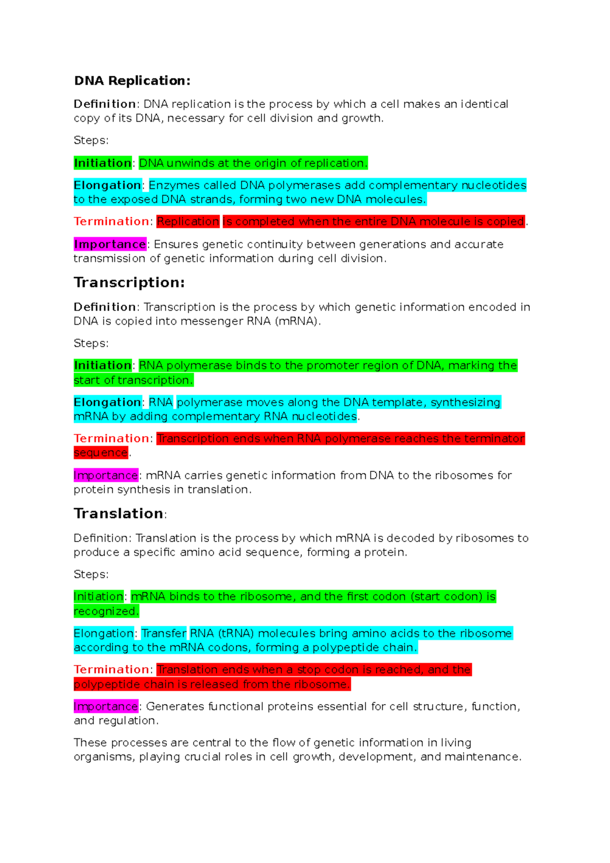 Brief Replication, Transcription and Translation summary - DNA ...