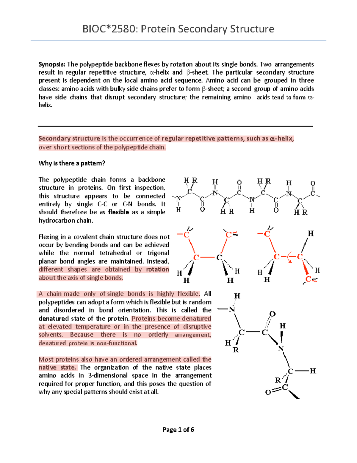 6. Protein Secondary Structure - Synopsis: The polypeptide backbone ...