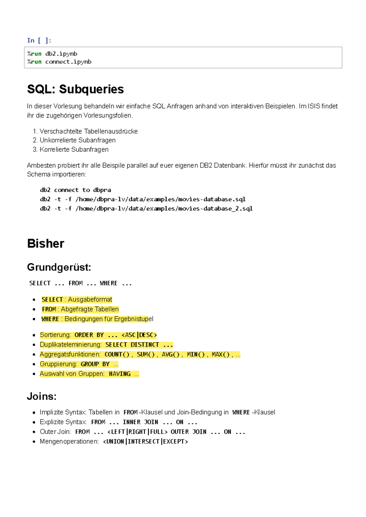 Dbpra SQL Anfragen 2 - In [ ]: % run db2 % run connect SQL: Subqueries ...