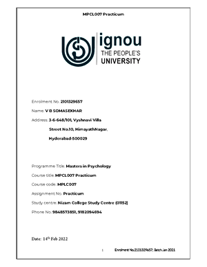 MPCL 007 practical file - APPENDIX- TITLE PAGE FOR PRACTICUM NOTEBOOK IGNOU MA (PSYCHOLOGY ...