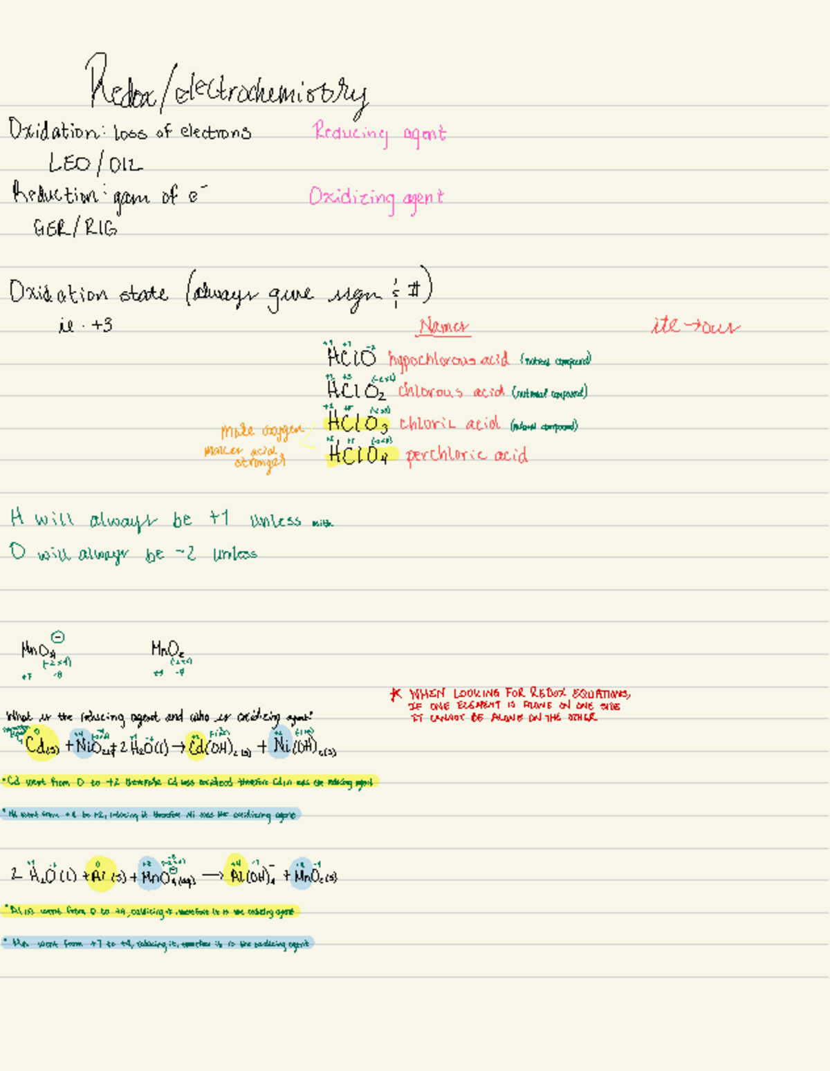 Redox summary - Redox/electrochemicaly Oxidation:loss ofelectrons ...