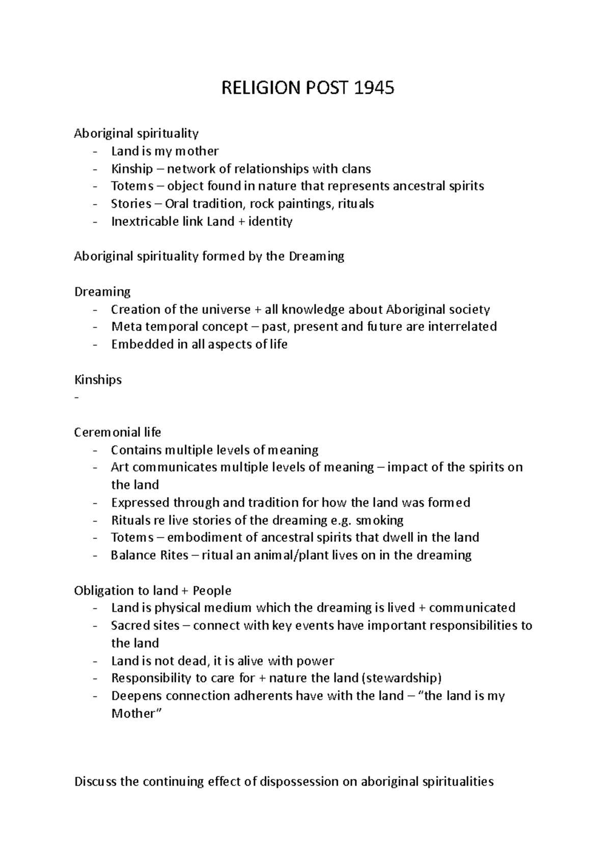 Religion POST 1945 - NOTES - BIOL 235 - AU - Studocu