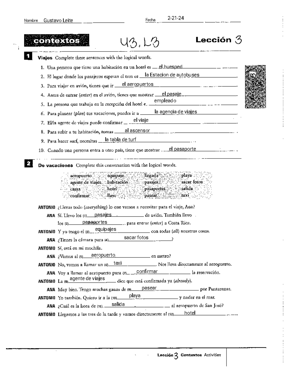 Spanish Home Work - Nombre contextos Fecha Lecci6n 3 Viajes Complete ...