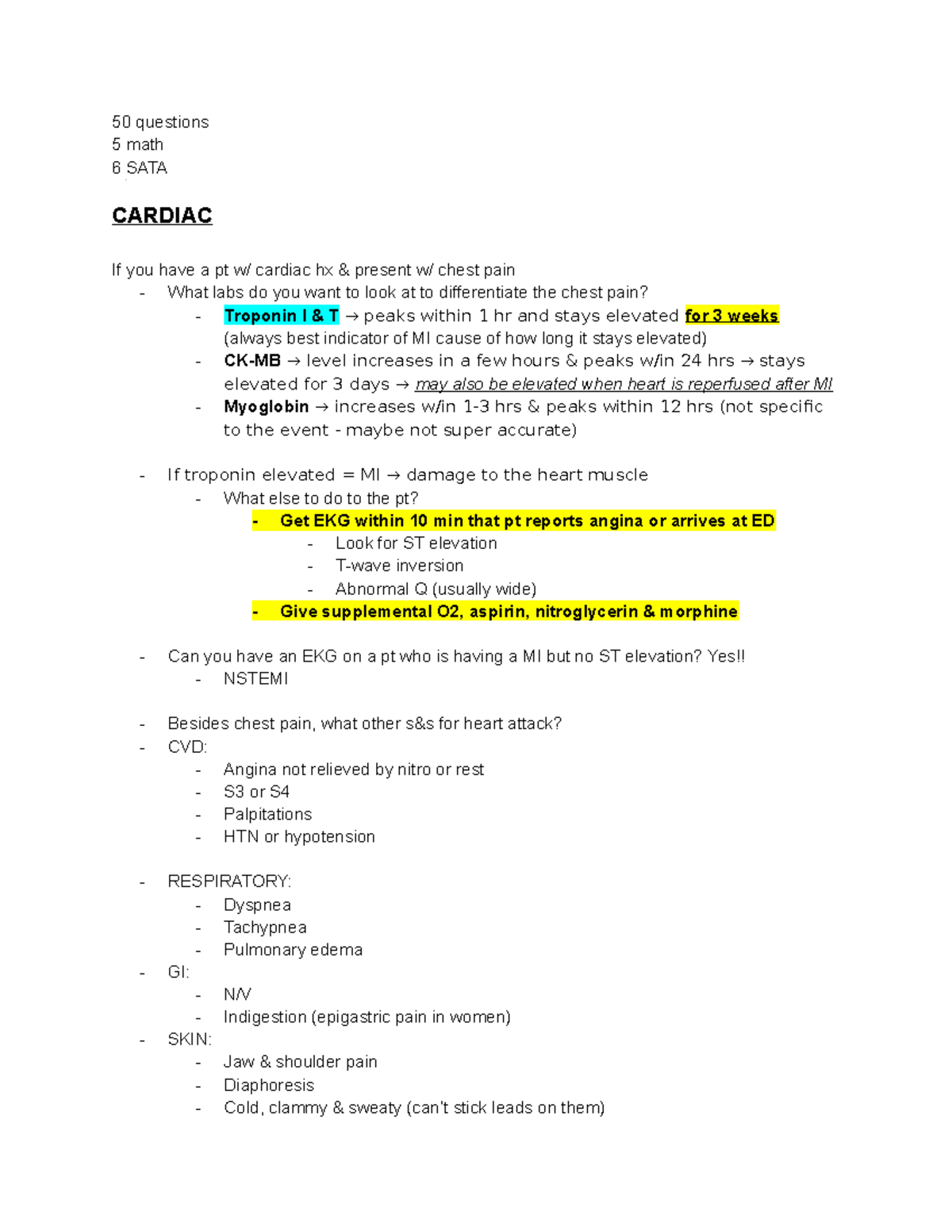 Study Guide E1 - 50 questions 5 math 6 SATA CARDIAC If you have a pt w ...