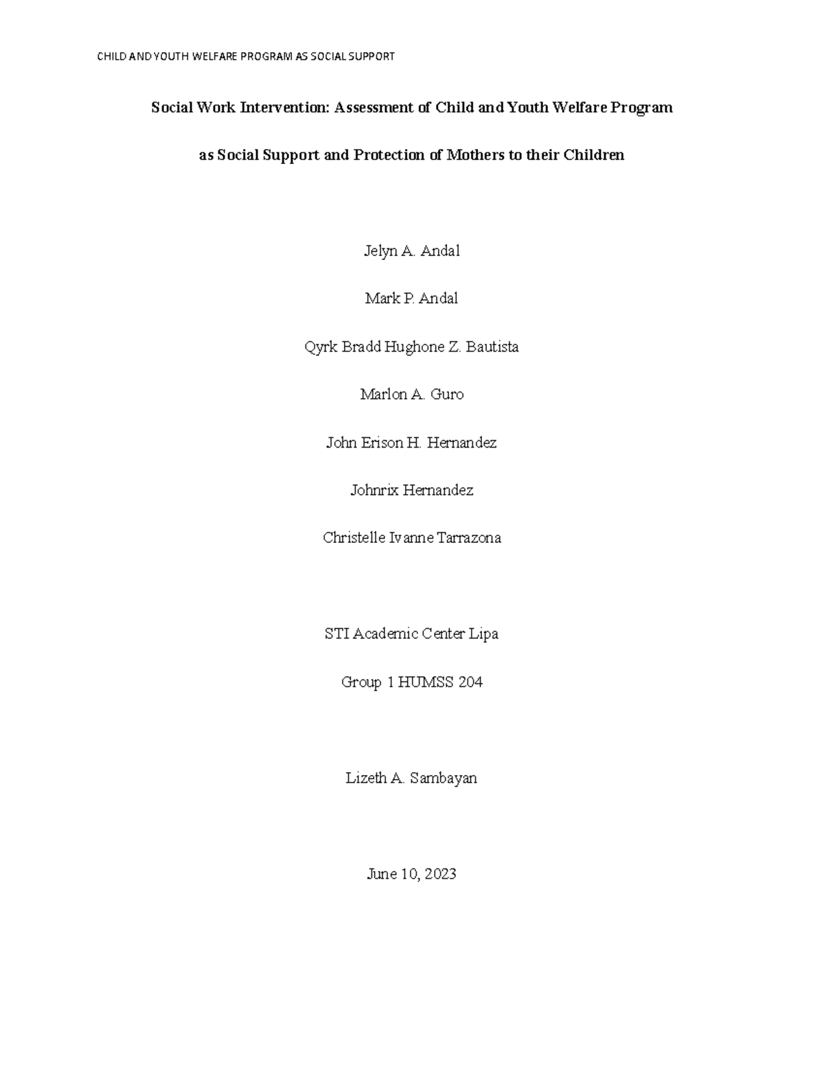 CYWP Grroup 1.Research Paper - CHILD AND YOUTH WELFARE PROGRAM AS ...