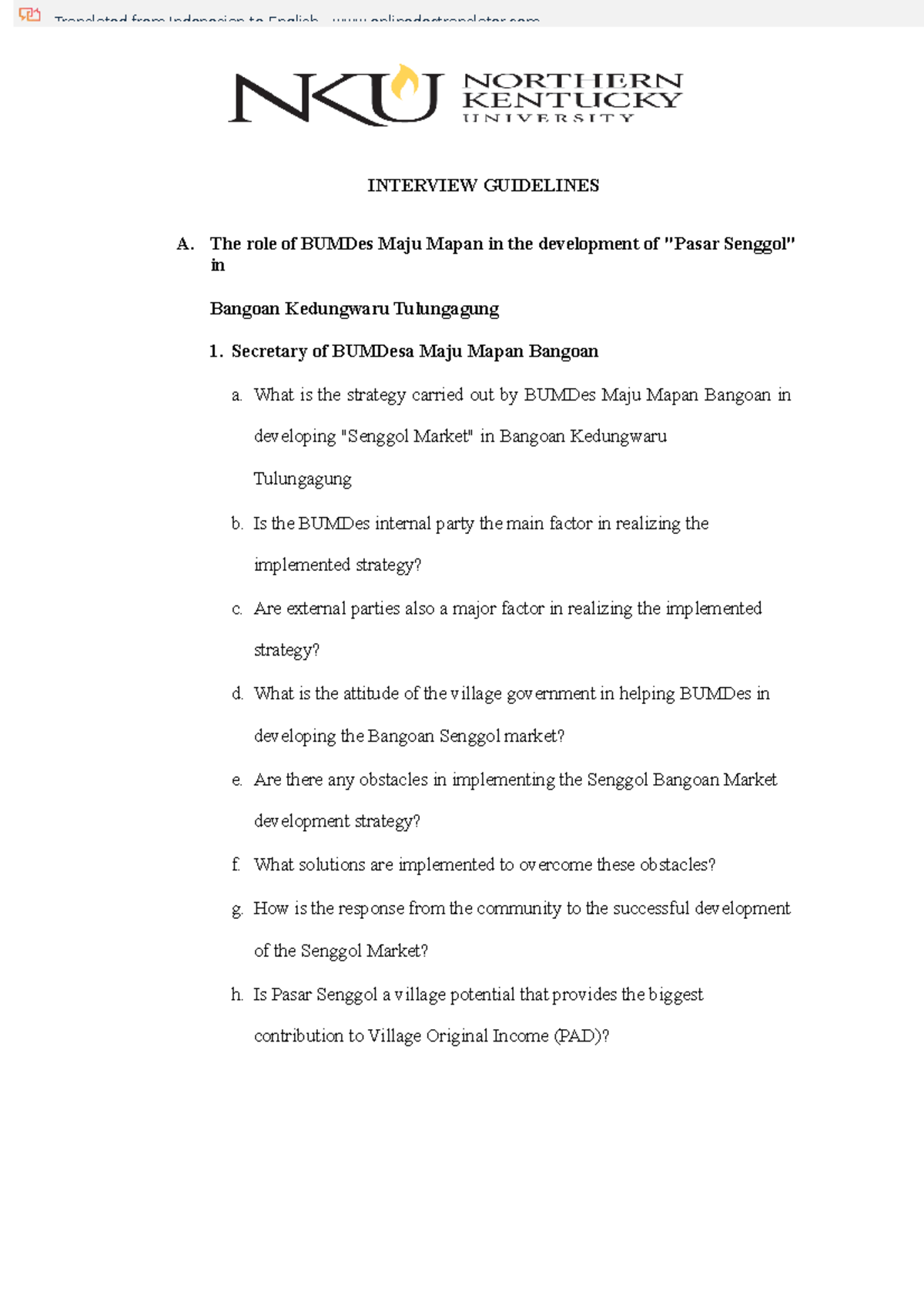 Learning about economics - INTERVIEW GUIDELINES A. The role of BUMDes ...