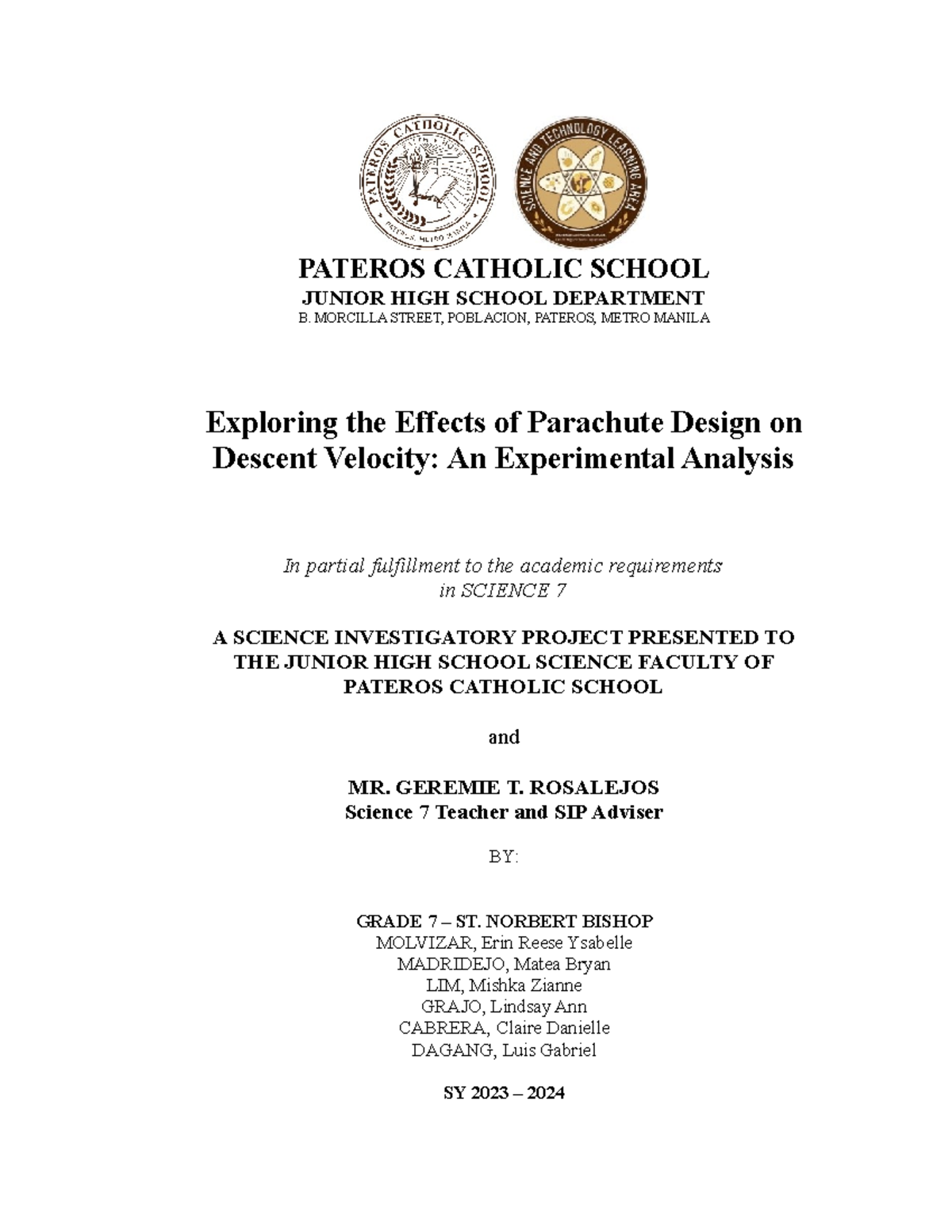 GRP 1 - SIP Manuscript Template - PATEROS CATHOLIC SCHOOL JUNIOR HIGH ...