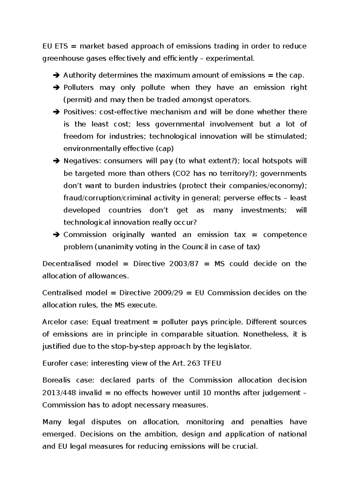 EU ETS - Lecture notes First semester - EU ETS = market based approach ...