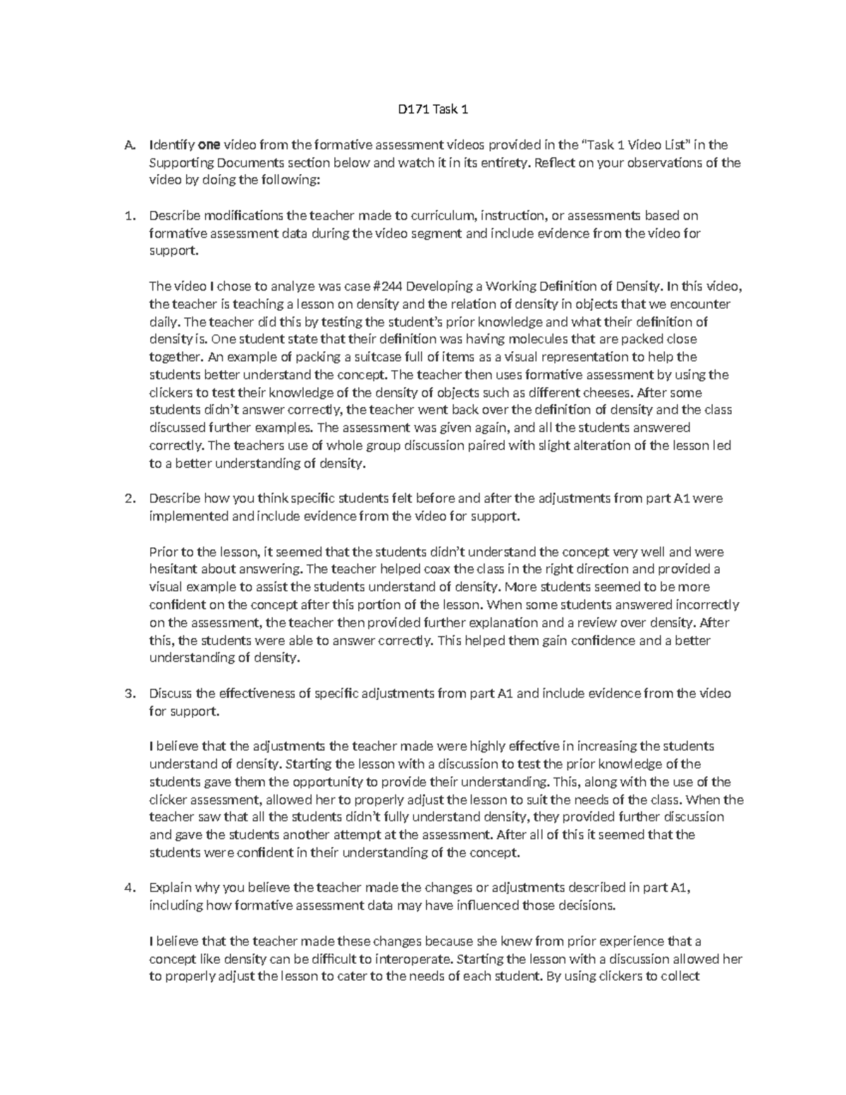 D171 Task 1 - Reflection on Formative Assessment Videos - D171 Task 1 A ...