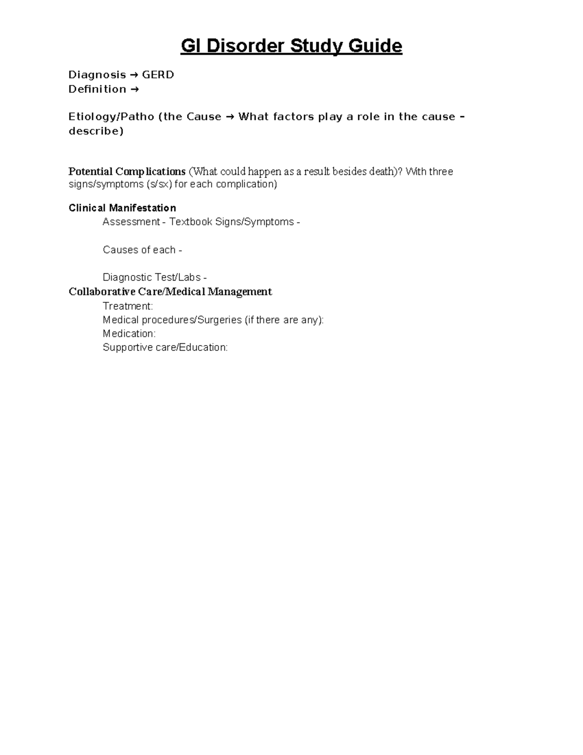 GI Disorder Study Guide 2024 - Diagnosis → GERD Definition → Etiology ...