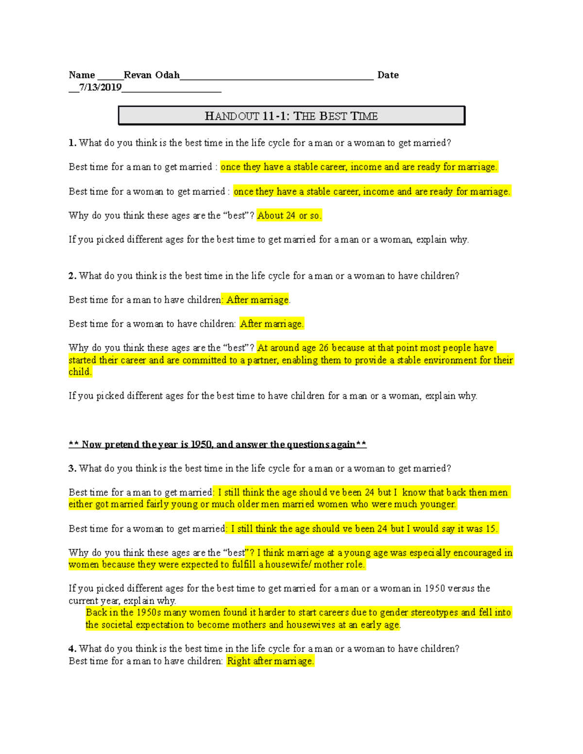 Chapter 11 LA - Name Date HANDOUT THE BEST TIME 1. What do you think is ...
