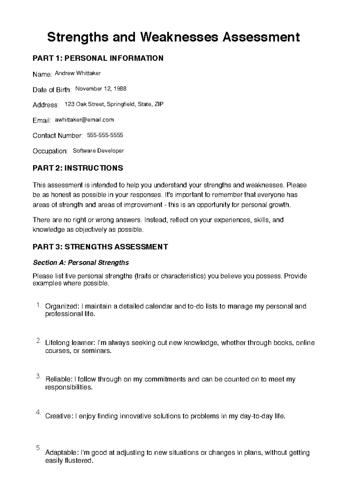 Strengths and weaknesses assessment example - Strengths and Weaknesses ...