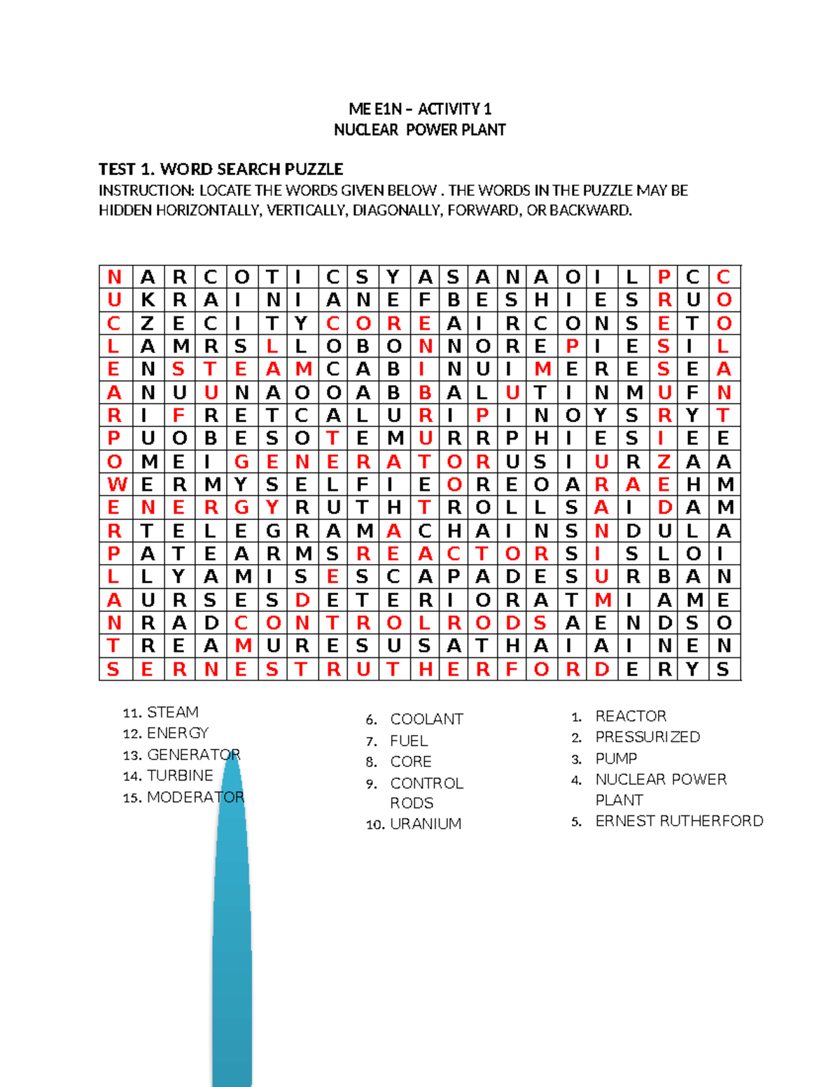 Nuclear Activity - ME E1N – ACTIVITY 1 NUCLEAR POWER PLANT TEST 1. WORD ...