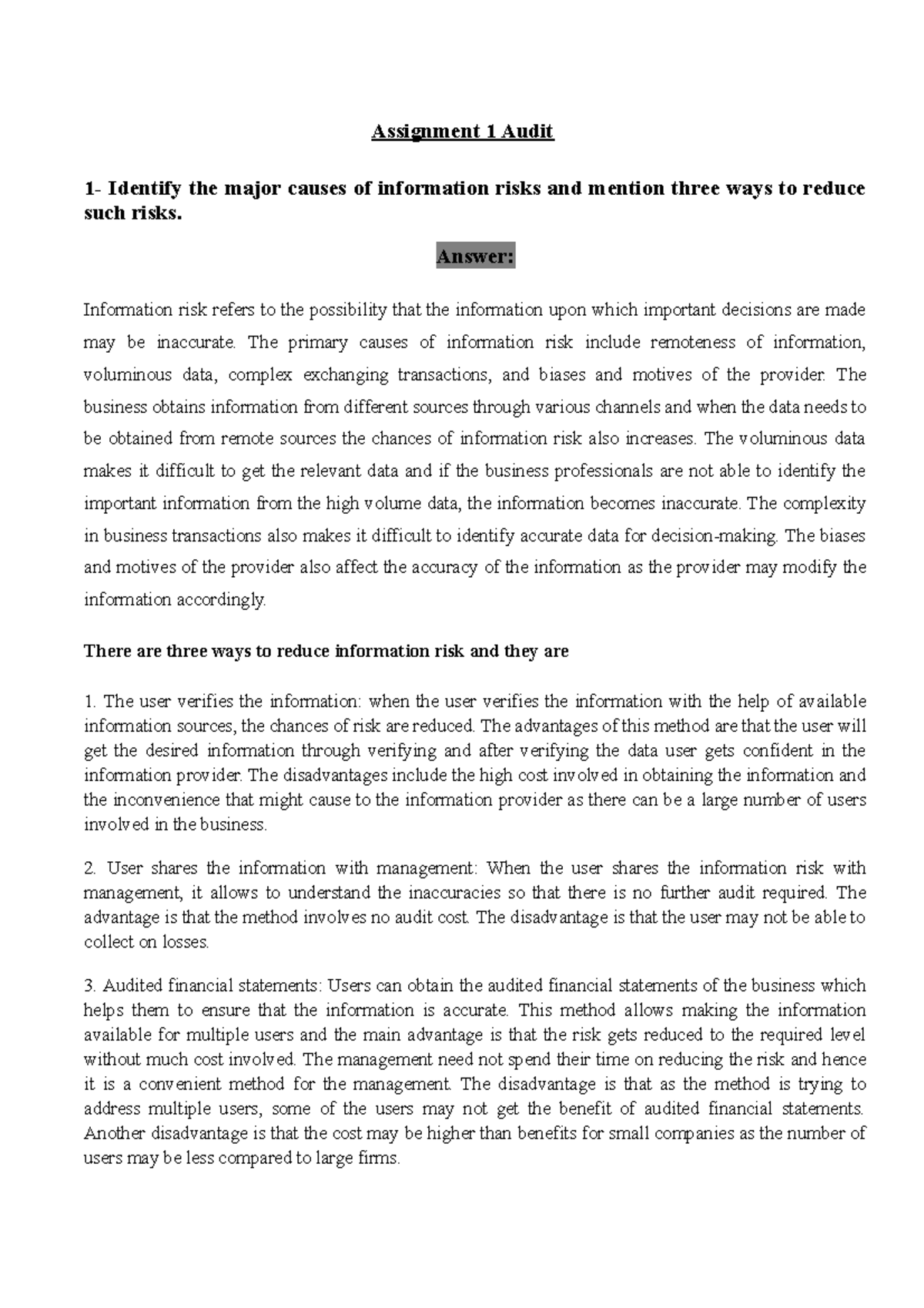 Assignment CH1 Audit (1) principals of auditing - Auditing - Studocu