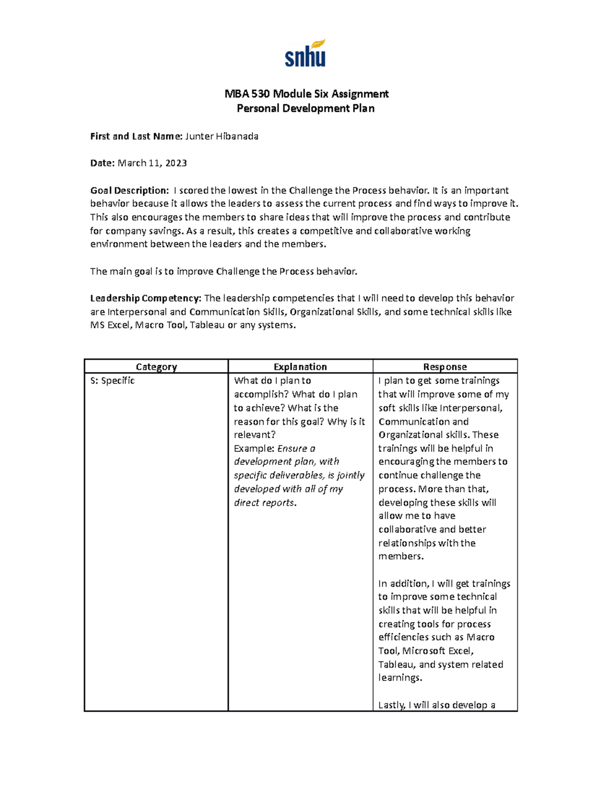Personal Development Plan - MBA 530 Module Six Assignment Personal ...
