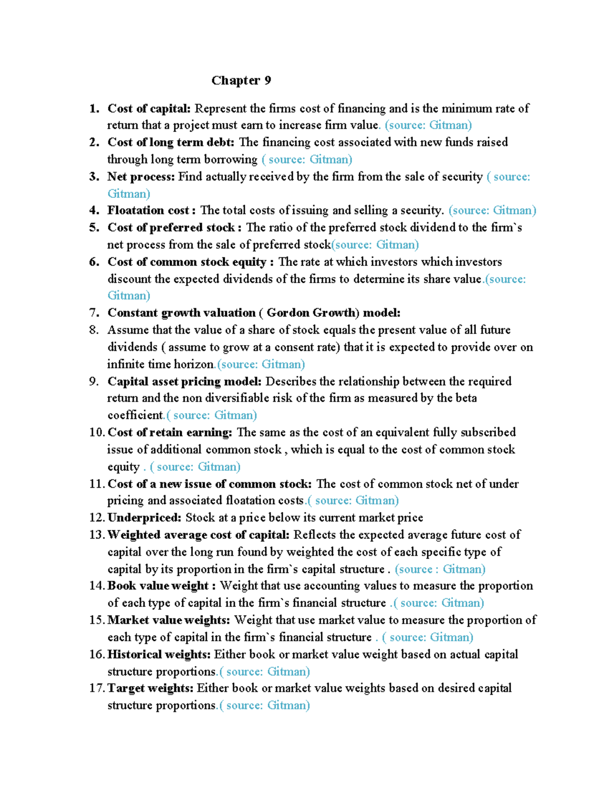 Short notes of Finance - Chapter 9 Cost of capital: Represent the firms ...
