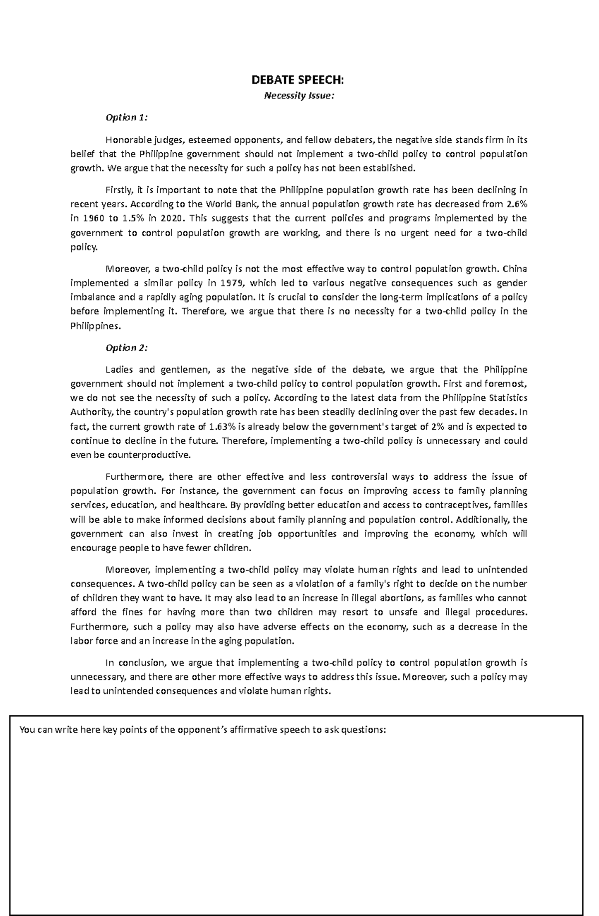 Pur Comm Debate-3-Output - DEBATE SPEECH: Necessity Issue: Option 1 ...