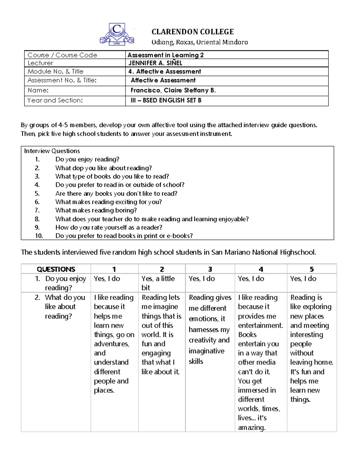 4 Worksheet - Course / Course Code Assessment in Learning 2 Lecturer ...