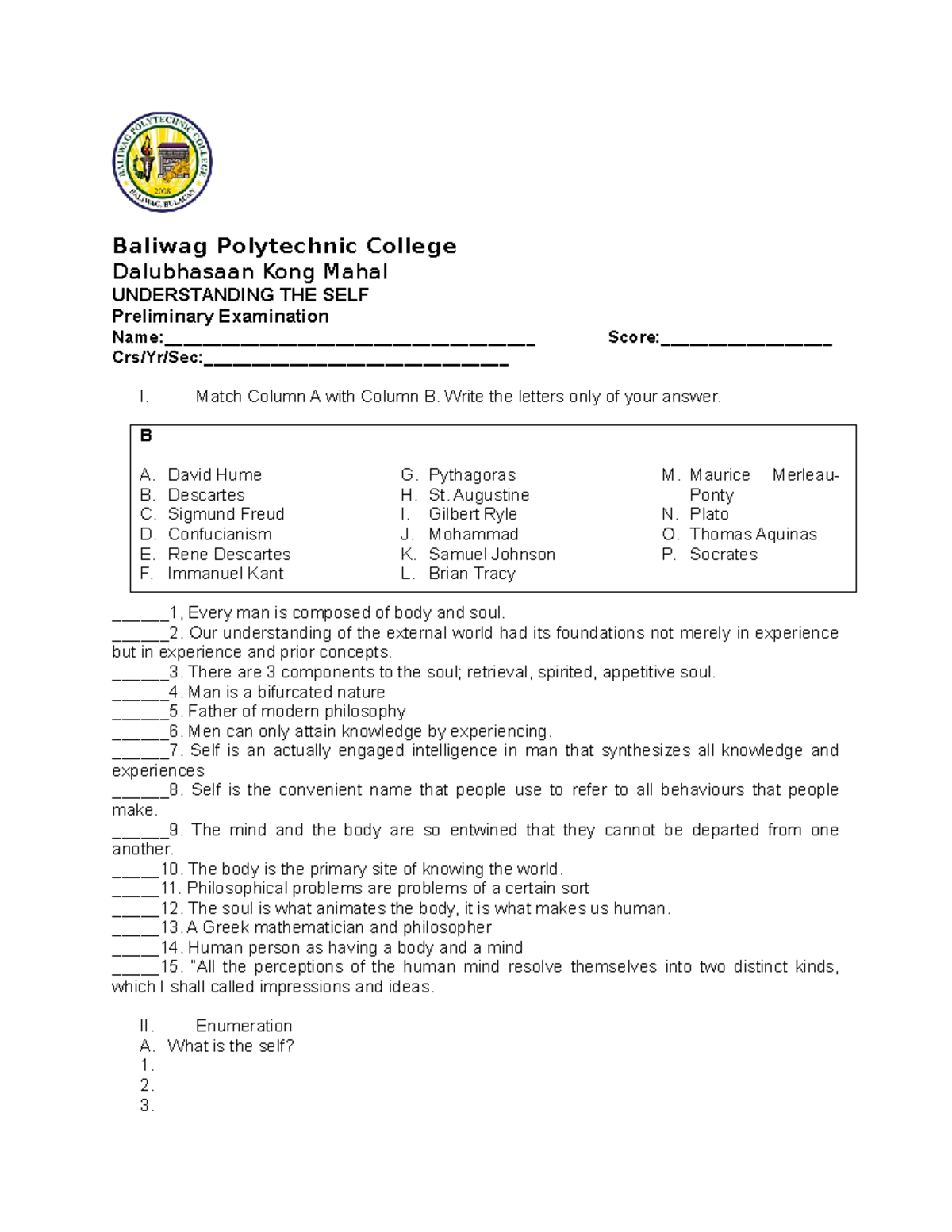 UTS-prelim - To help other - Baliwag Polytechnic College Dalubhasaan ...