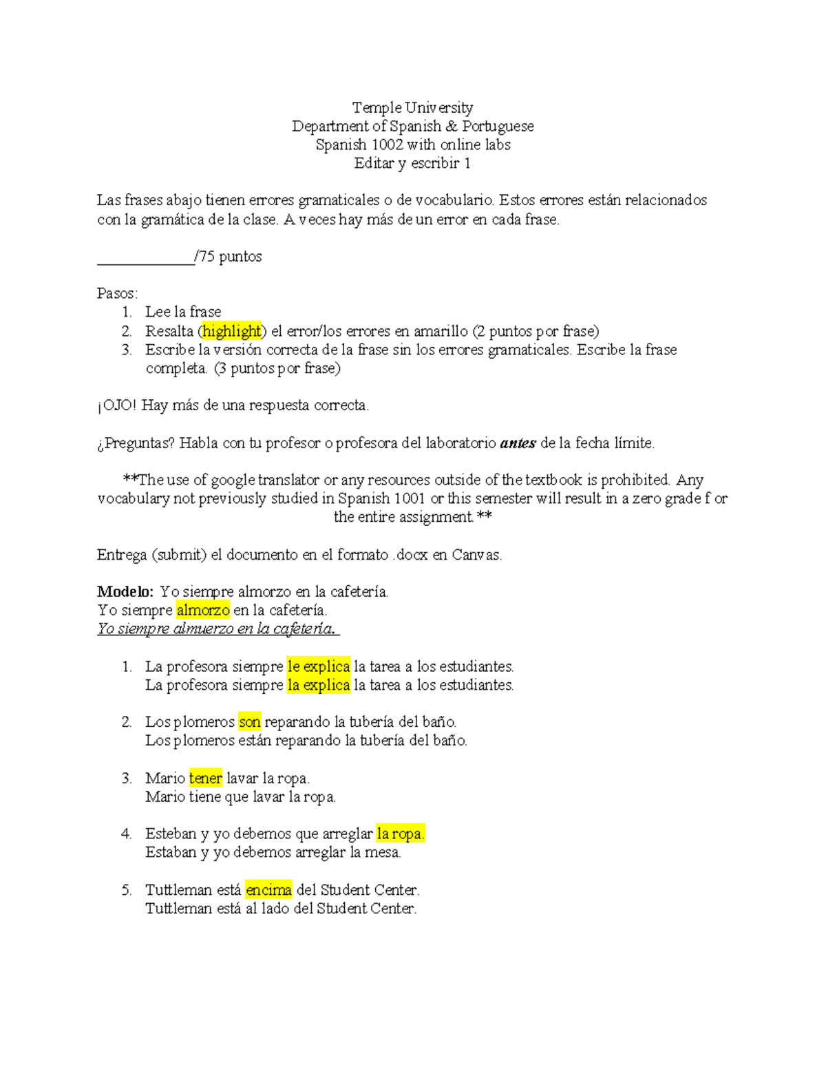 Actividad de editar y escribir 1 - Temple University Department of ...